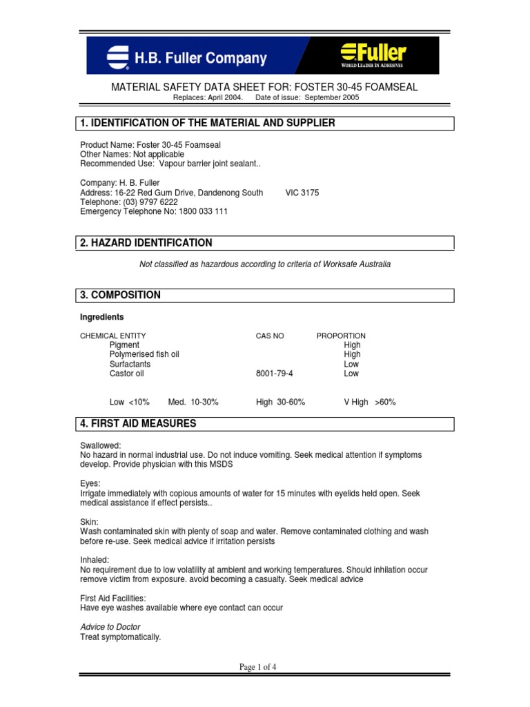 MSDS FOSTER 30-45N Foamseal Sealant | PDF | Materials | Chemistry