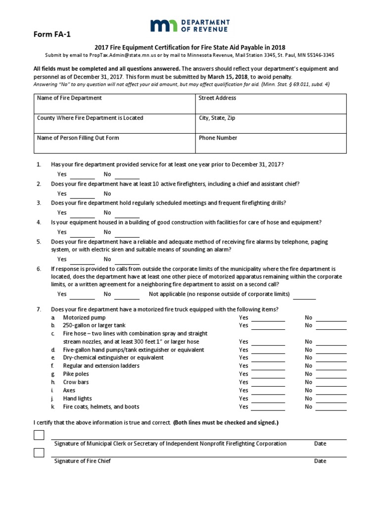 Form FA-1: 2017 Fire Equipment Certification For Fire State Aid Payable ...