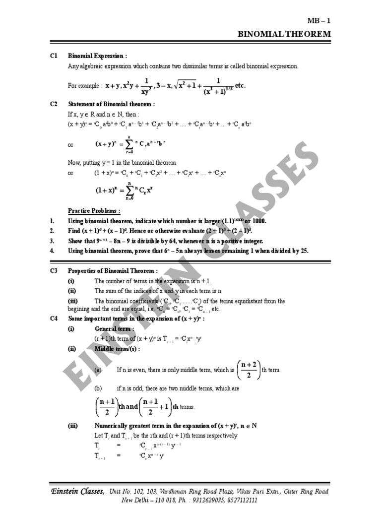 Binomial Theorem PDF | PDF | Numbers | Mathematical Concepts