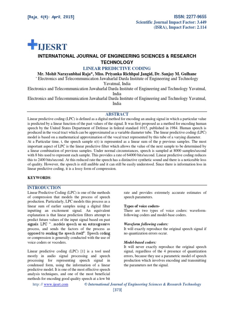 57 - Linear Predictive Coding PDF | PDF | Data Compression | Sampling (Signal Processing)