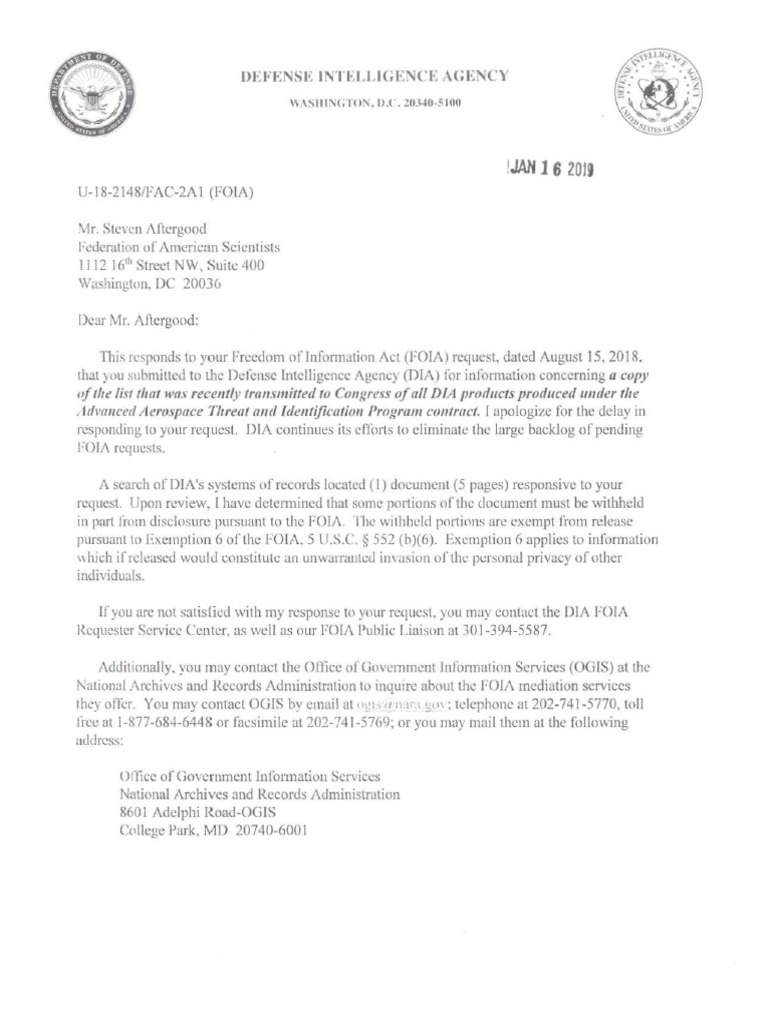 Defense Intelligence Agency's Secret Advanced Aerospace Threat ...