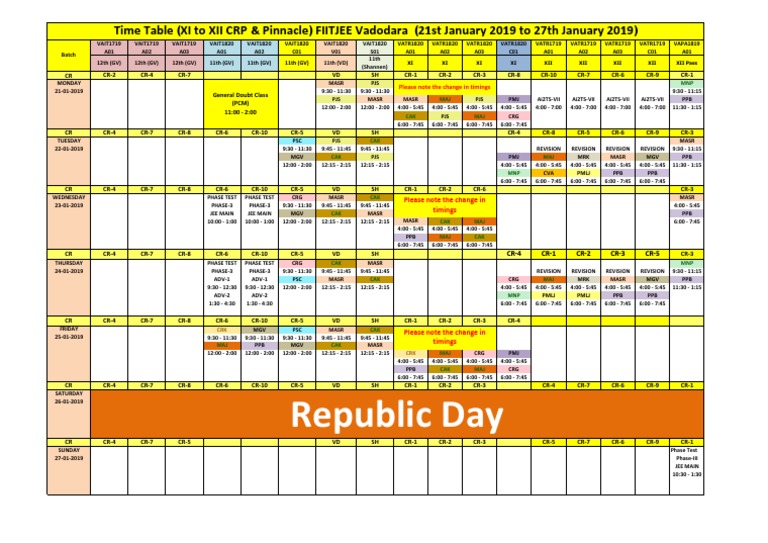 Time Table (XI To XII CRP & Pinnacle) FIITJEE Vadodara (21st January 2019 To 27th January 2019 ...
