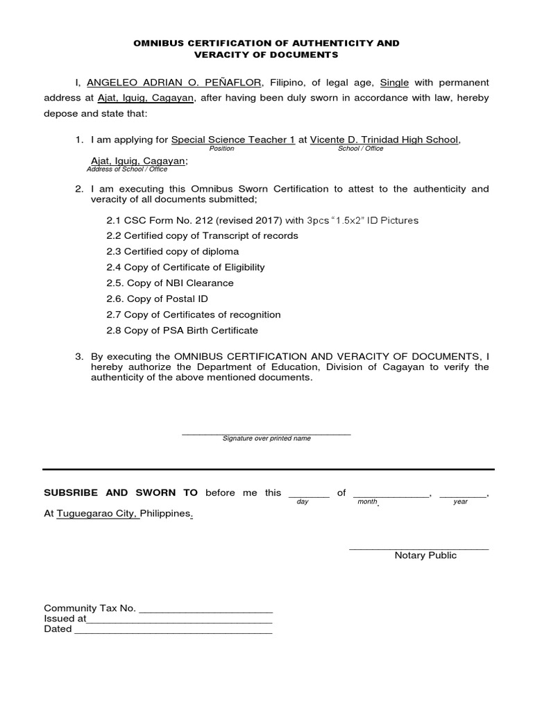 Omnibus Sworn Certification - Peñaflor | PDF