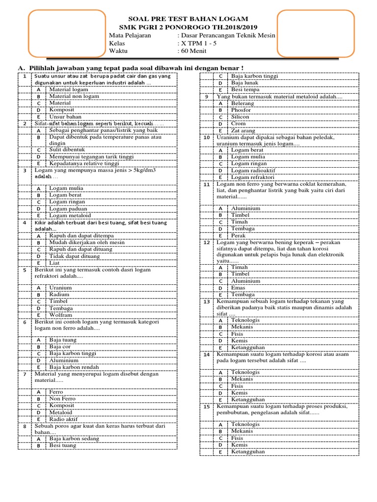 Soal Pre Test Bahan Logam | PDF | Teknologi & Rekayasa