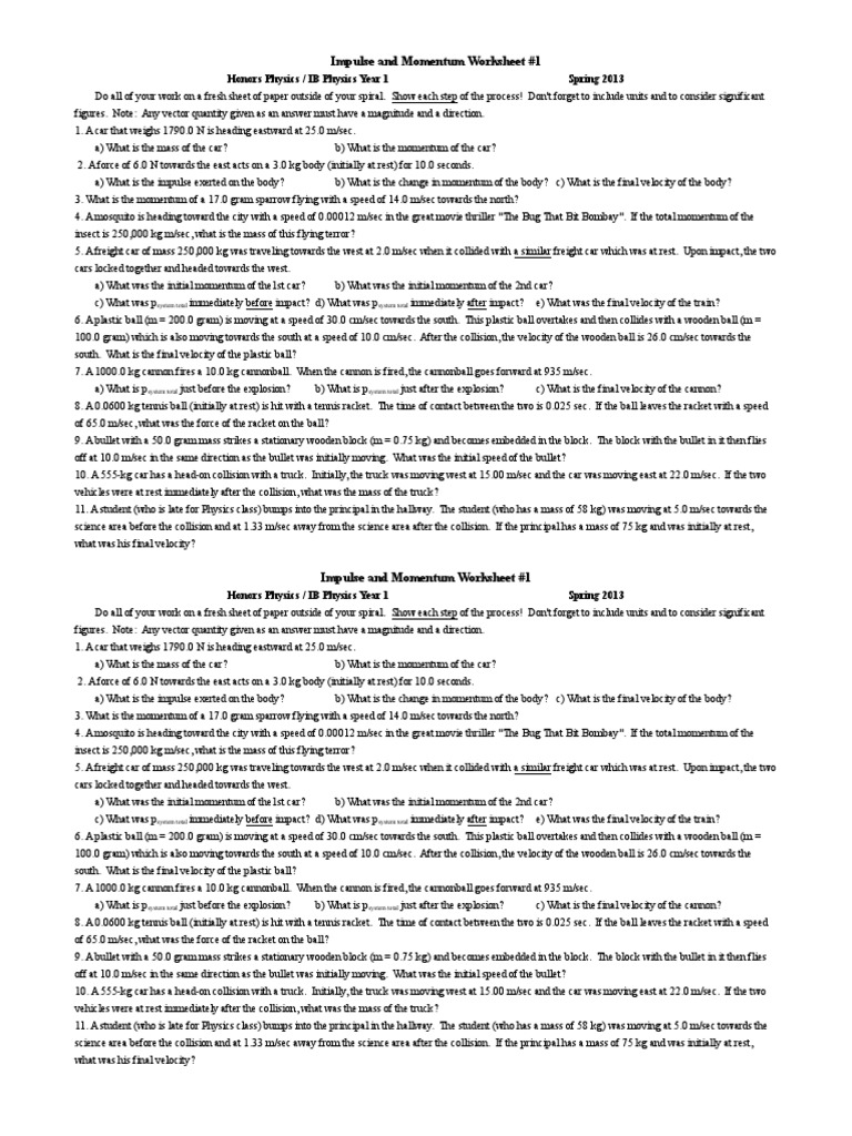 Impulse and Momentum Worksheet 1 | PDF | Momentum | Collision
