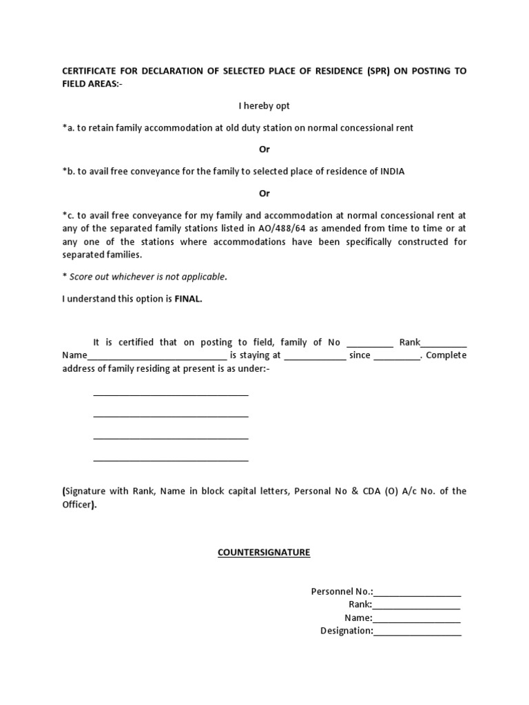 Certificate For Declaration of Selected Place of Residence (SPR) On ...