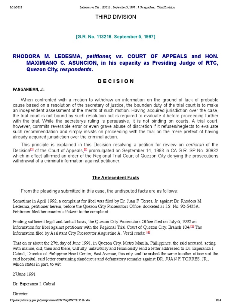 Ledesma v. CA, 278 SCRA 656 (Cf. Crespo v. Mogul, Supra) | PDF | Prosecutor | Defamation