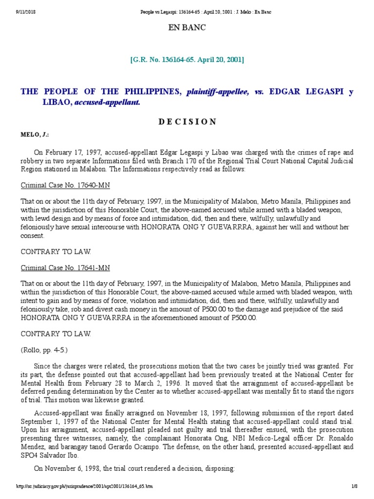 People vs. Edgar Legaspi: Rape and Robbery | PDF | Insanity Defense | Rape