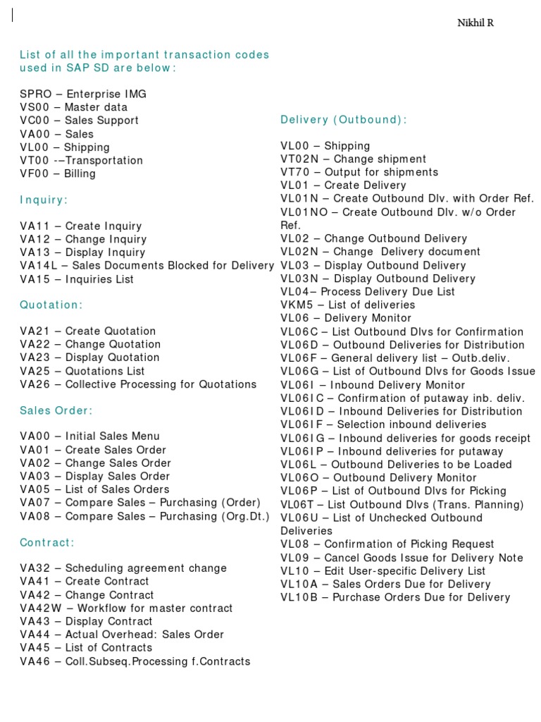SD Transaction Codes | PDF | Invoice | Information Technology Management