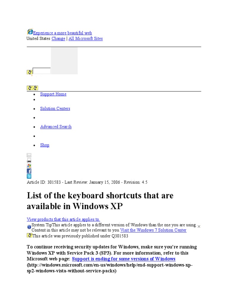 Windows XP Keyboard Shortcuts Guide | PDF | Microsoft Windows ...