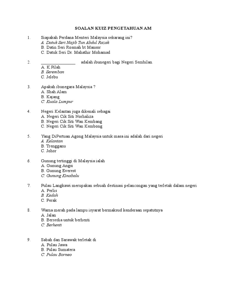 Soalan Kuiz Pengetahuan Am | PDF