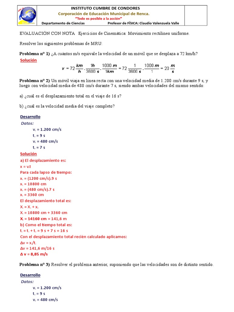 GUIA EVALUADA 2° MEDIO-Ejercicios-resueltos-de-Cinematica | PDF | Movimiento (física) | Velocidad
