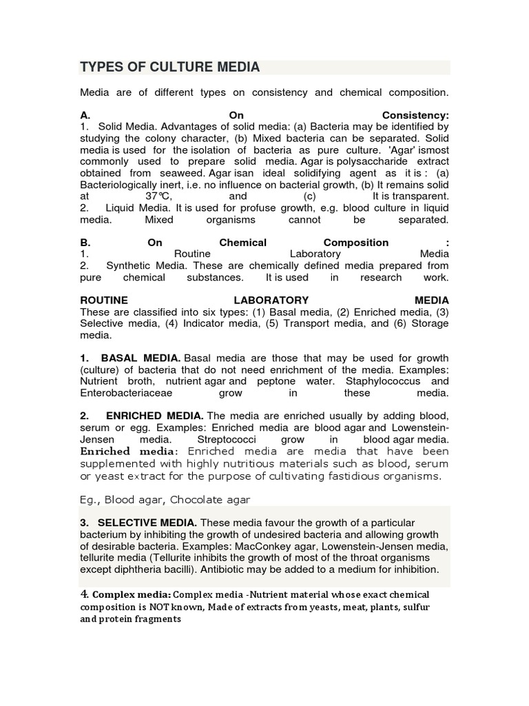 Types of Culture Media | PDF | Growth Medium | Bacteria