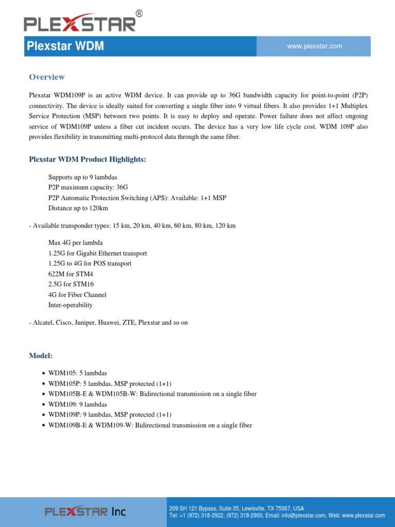 Plexstar WDM Product Highlights | PDF | Wavelength Division Multiplexing | Electrical Engineering