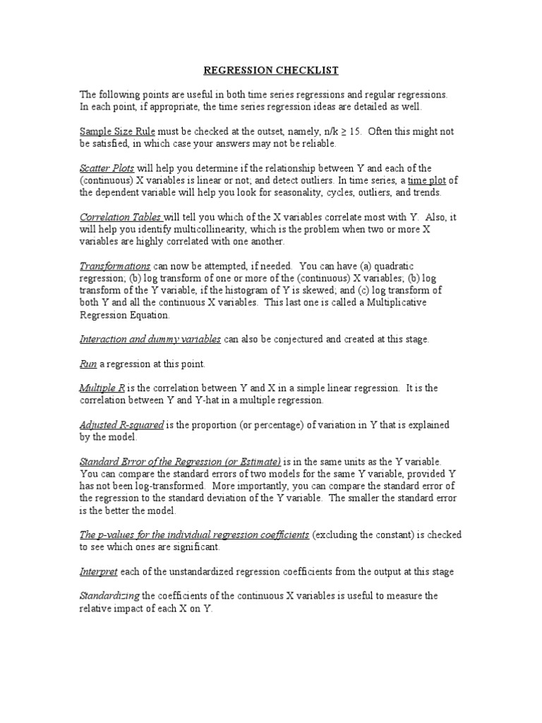 Regression Checklist | PDF | Regression Analysis | Errors And Residuals