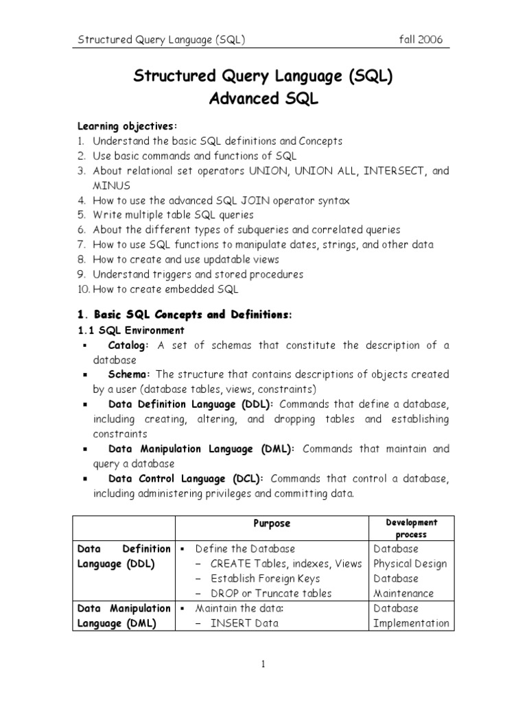 Structured Query Language (SQL) Advanced SQL: 1. Basic SQL Concepts and Definitions | PDF ...