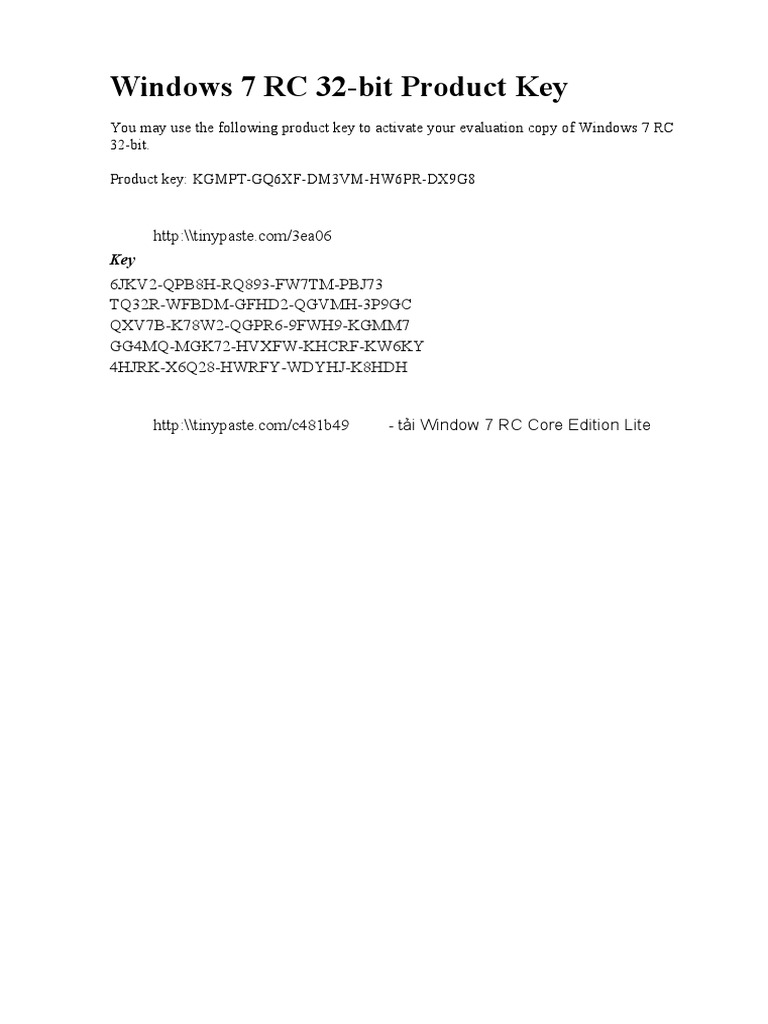 Windows 7 RC 32-bit Product Key List | PDF | Technology & Engineering