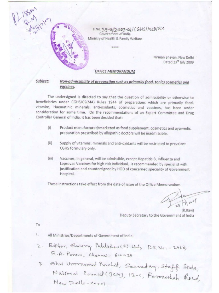 Non Admissible Items and Admissible Vaccines in CGHS PDF | PDF