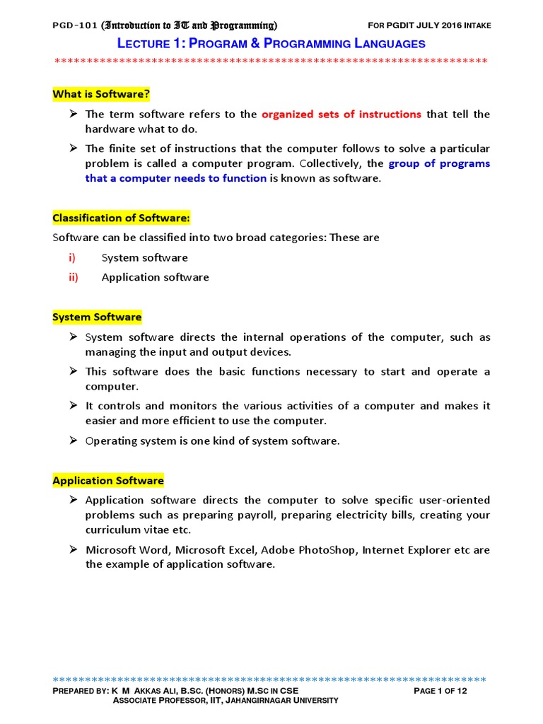 Pgdit 101 Introduction To It And Programming Lecture 1 Program And Programming Languages Pdf