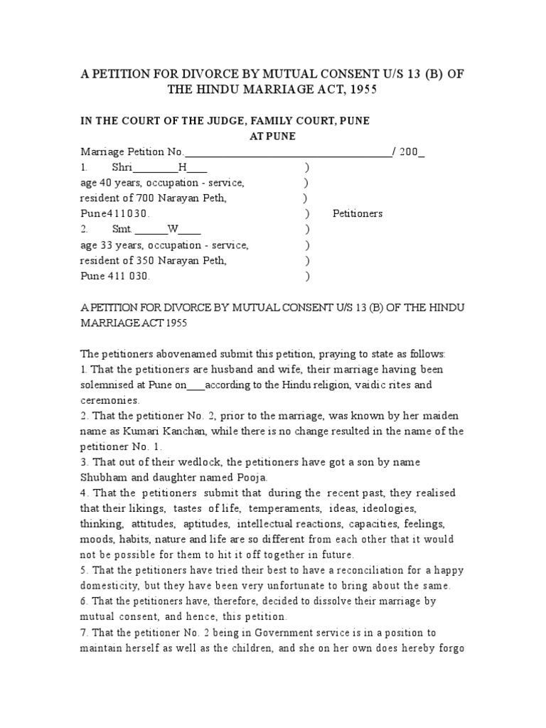 Mutual Consent Divorce Petition Format | PDF | Marriage | Divorce