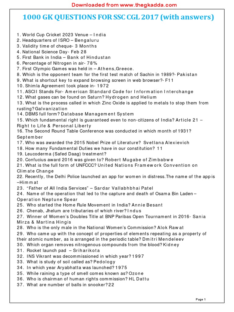1000 General Knowledge (GK) Questions For SSC CGL 2017 Examination PDF ...