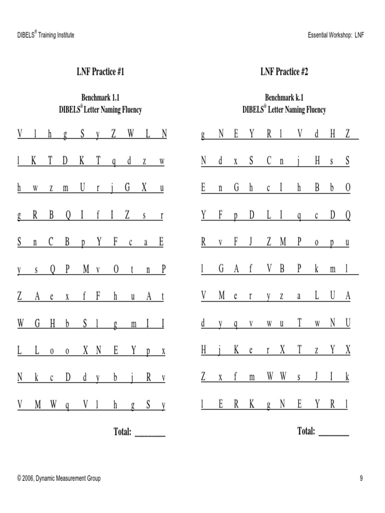 LNF Practice #1 LNF Practice #2: Benchmark 1.1 Dibels Letter Naming ...