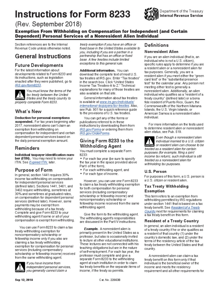 I 8233 | Download Free PDF | Tax Treaty | Withholding Tax