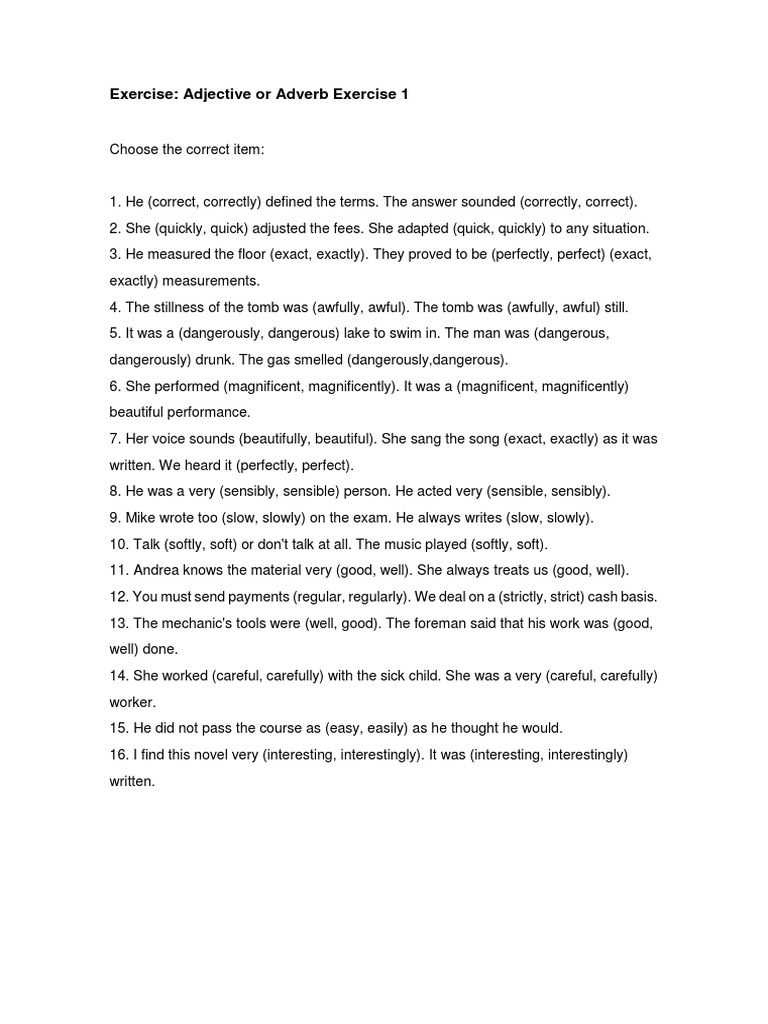 Adjectives Vs Adverbs Exercises | PDF | Adverb
