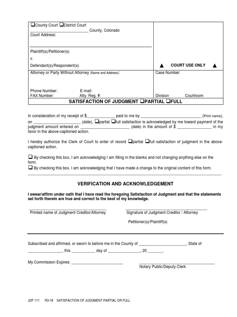 Court Judgment Satisfaction Form | PDF | Law