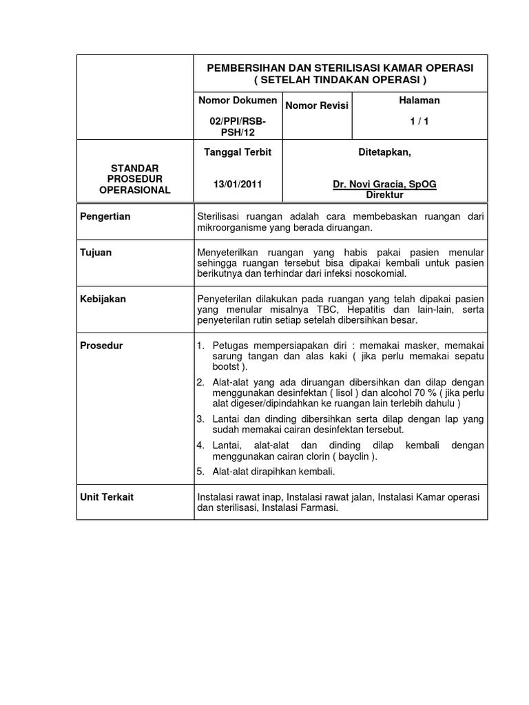 Sop Pembersihan Dan Sterilisasi Kamar Operasi S | PDF