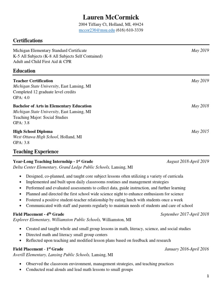 Resume Mccormick | PDF | Michigan State University | Teachers