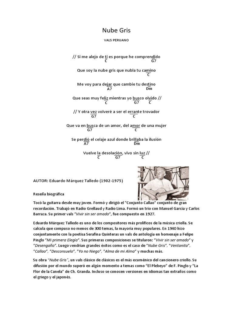 Un clásico del cancionero criollo: El vals 'Nube Gris' de Eduardo Márquez Talledo | PDF ...