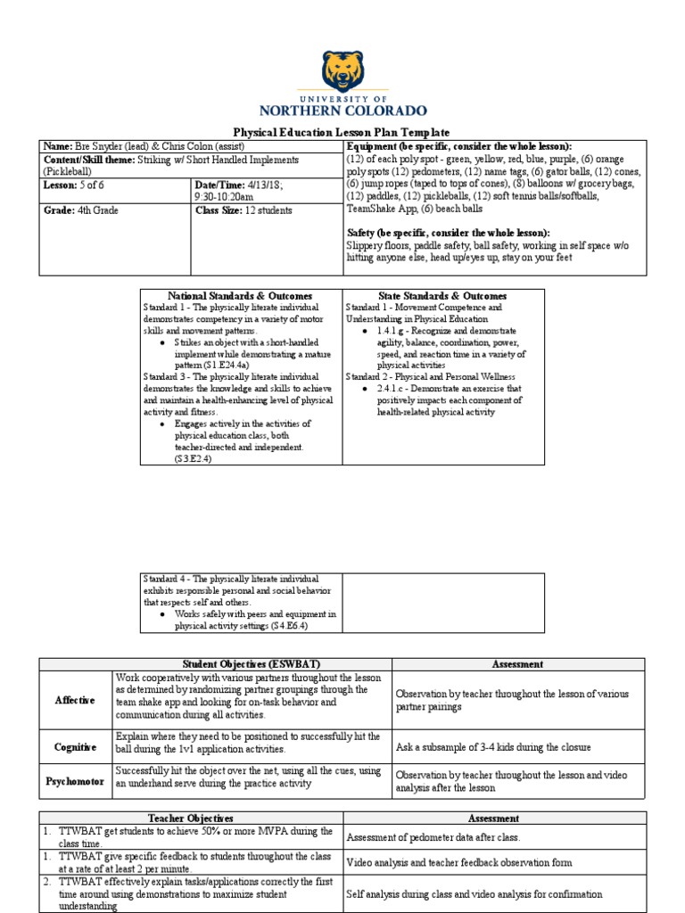 4th Grade PE Lesson Plan | PDF | Sports | Leisure