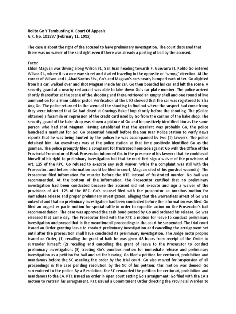 Rolito Go Y Tambunting V. Court of Appeals | PDF | Bail | Arraignment