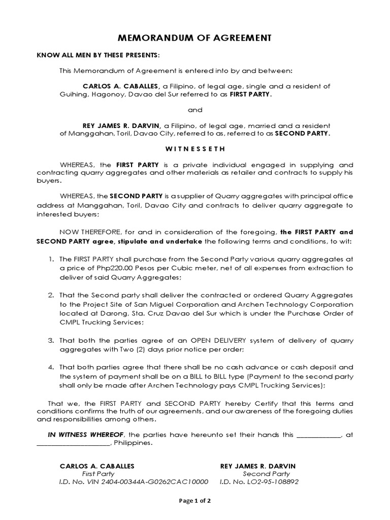 Memorandum of Agreement - Quarry | PDF | Business Law | Common Law