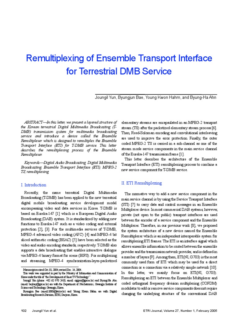 Re Multiplexing of Ensemble Transport Interface For Terrestrial DMB ...