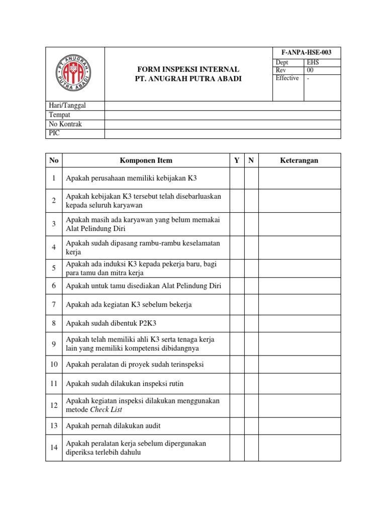 Form Inspeksi K3 Internal Proyek | PDF