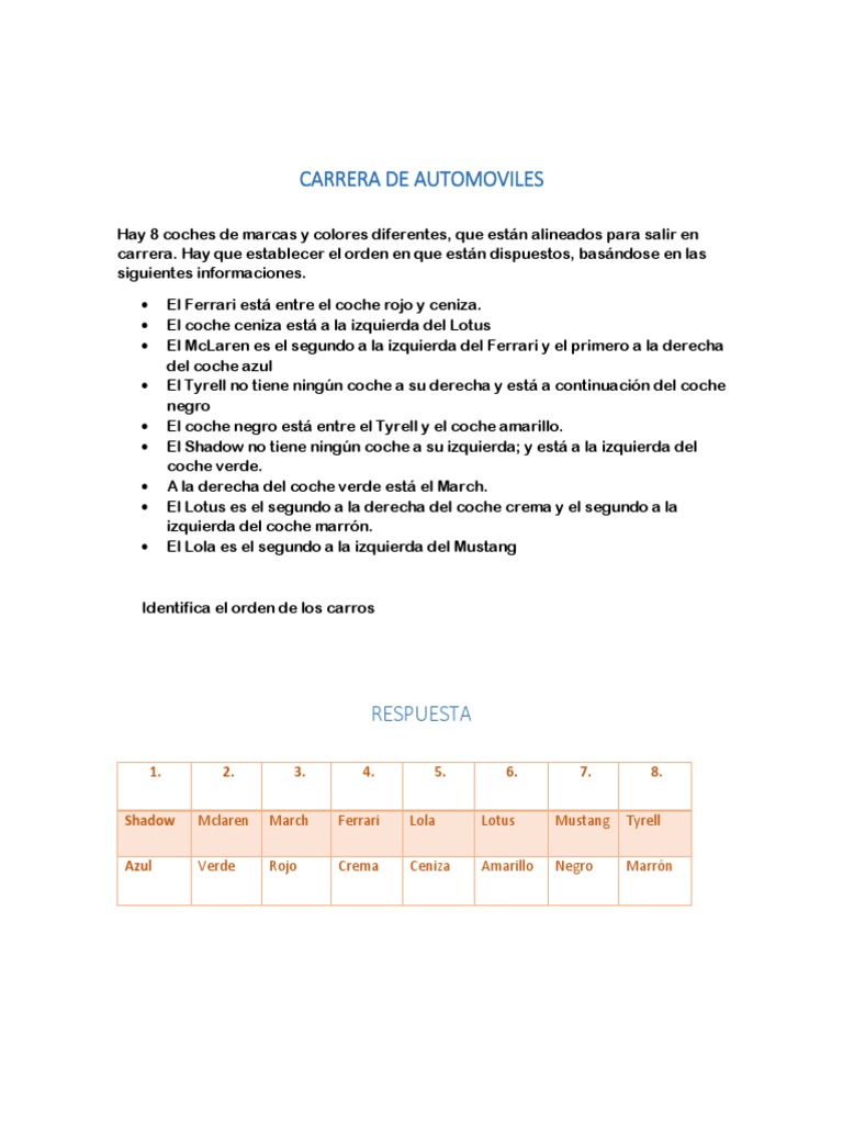 Carrera de Automoviles-Acertijo | PDF | Deportes | Ocio