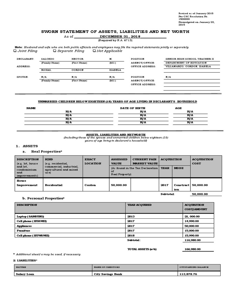 Sworn Statement of Assets, Liabilities and Net Worth | PDF | Identity ...