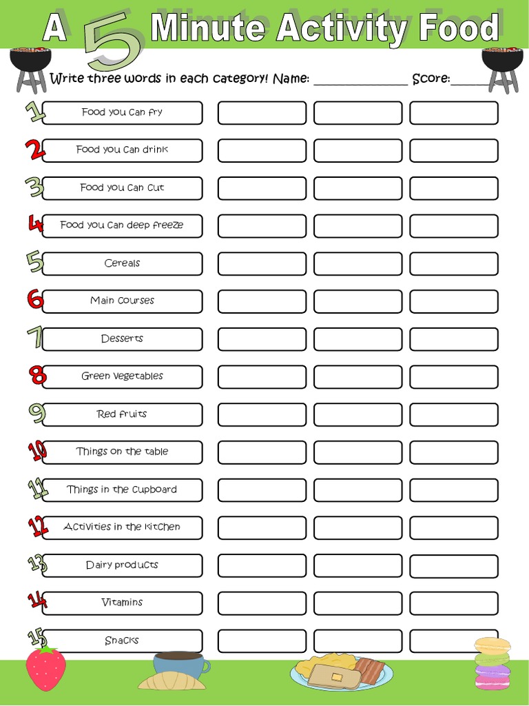 Write Three Words in Each Category! Name: - Score | PDF