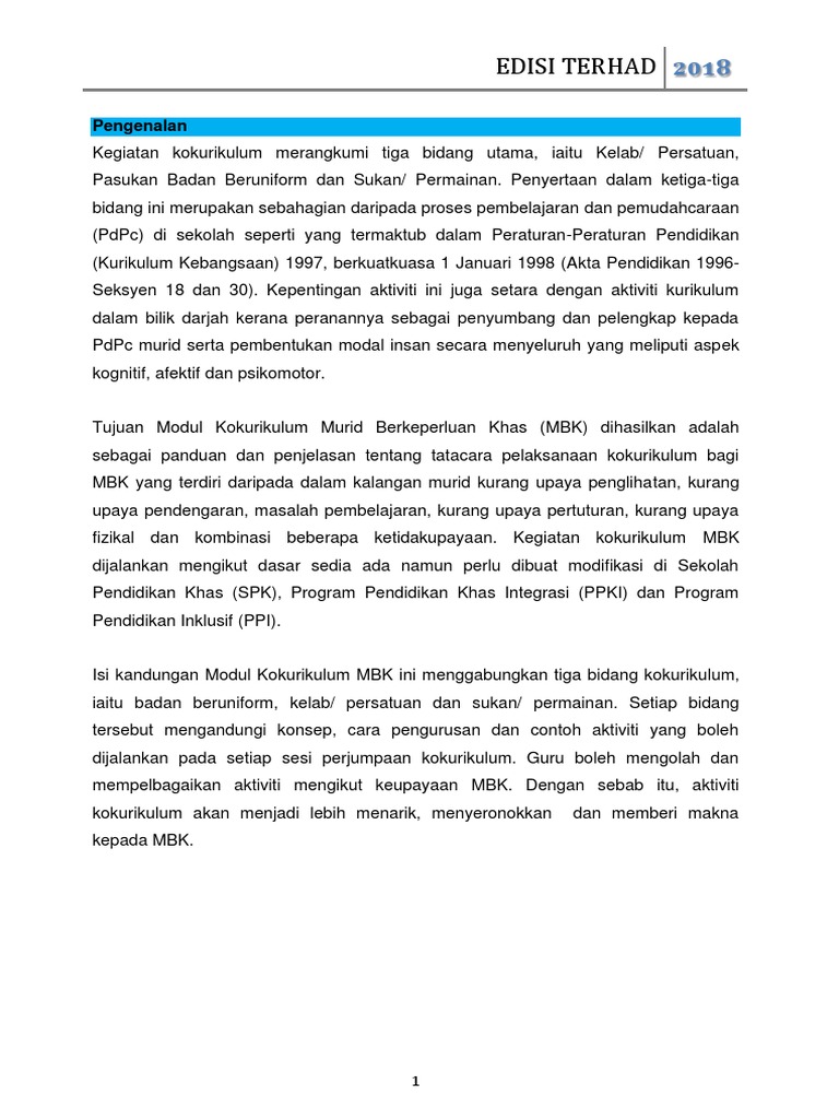 DRAF 5 - MODUL KOKURIKULUM MBK - Edit - On 30 OGOS 2018 PDF | PDF