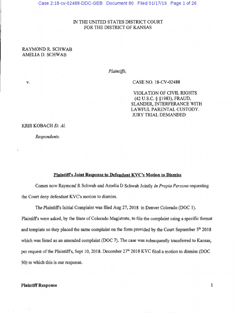 Response To KVC Motion To Dismiss Schwab Lawsuit | PDF | Diversity ...