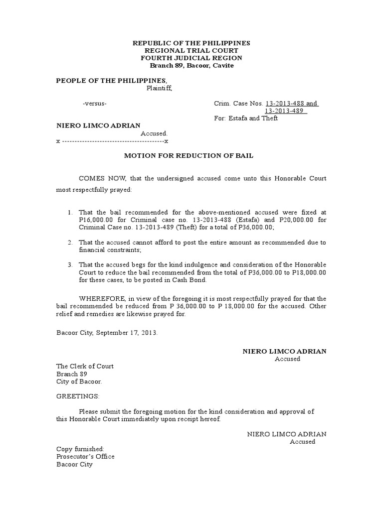 Motion For Reduction of Bail-Adrian | PDF | Law