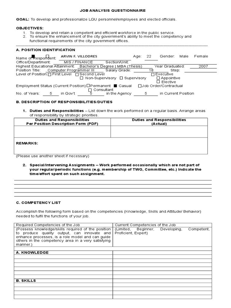 Job Analysis Questionnaire | PDF | Competence (Human Resources ...