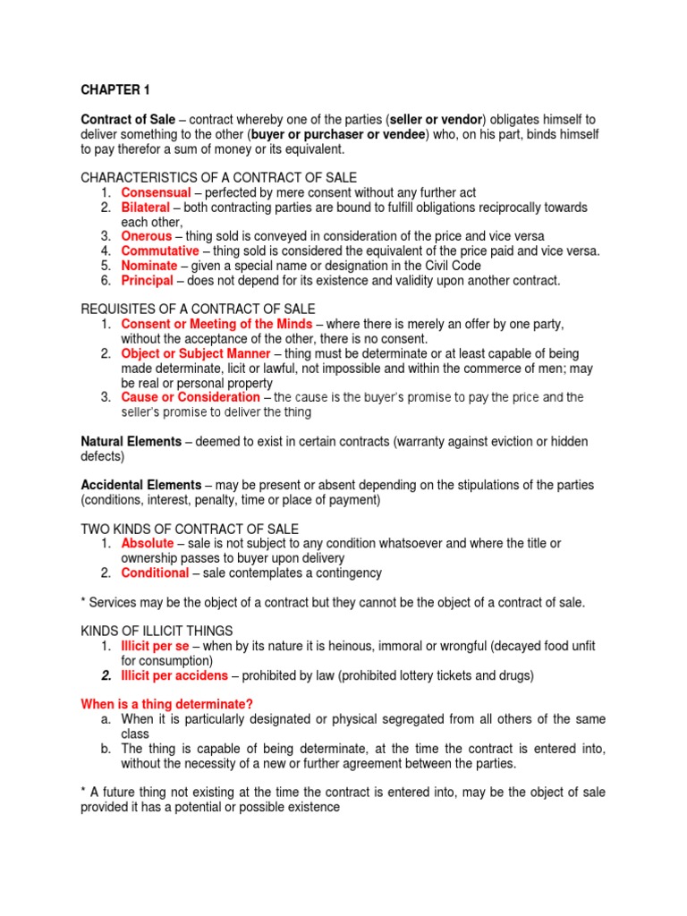 Contract of Sale: Consensual Bilateral Onerous Commutative Nominate ...