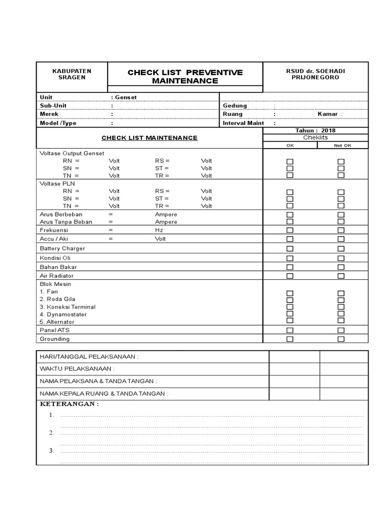 Cheklist Genset | PDF | Konversi Energi | Tenaga Listrik