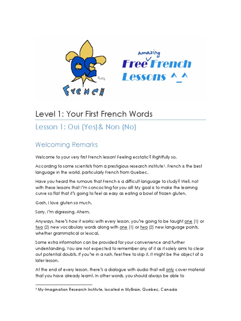 Learn Quebec French Level 1 Lesson 1 Oui & Non | PDF | Question ...