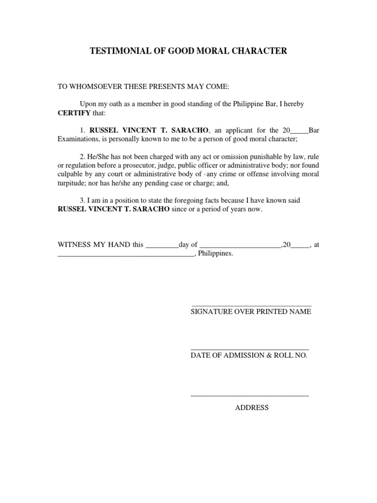 Testimonial of Good Moral Character | PDF