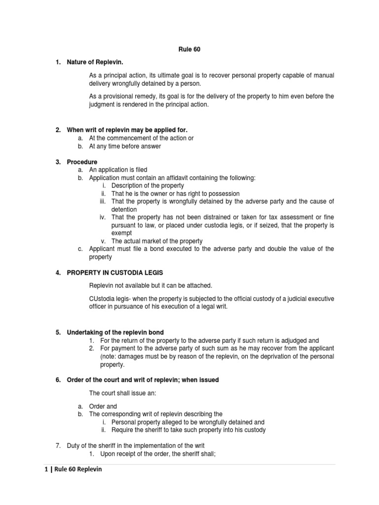 Rule 60 1. Nature of Replevin | PDF | Common Law | Justice