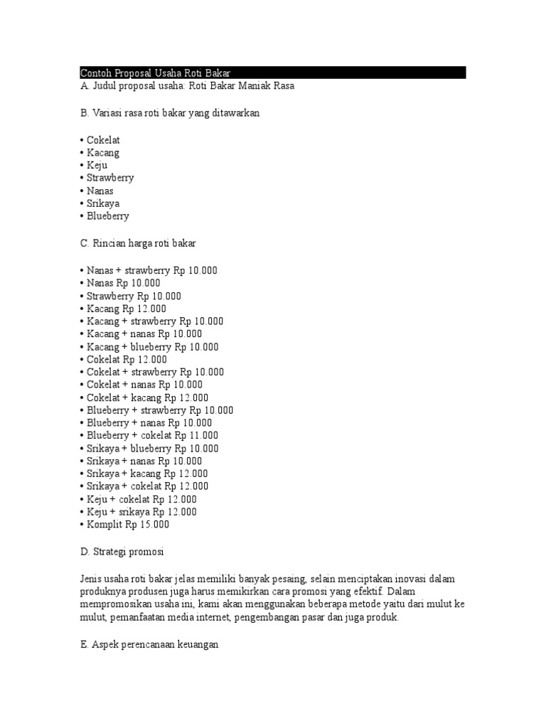 Contoh Proposal Usaha Roti Bakar | PDF